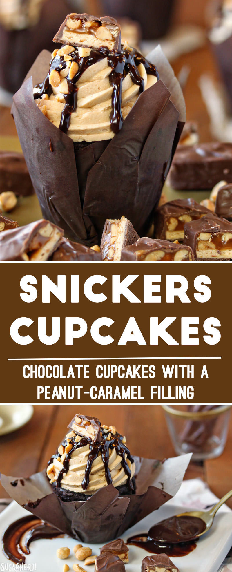 Snickers Cupcakes with Peanut Caramel Filling - SugarHero