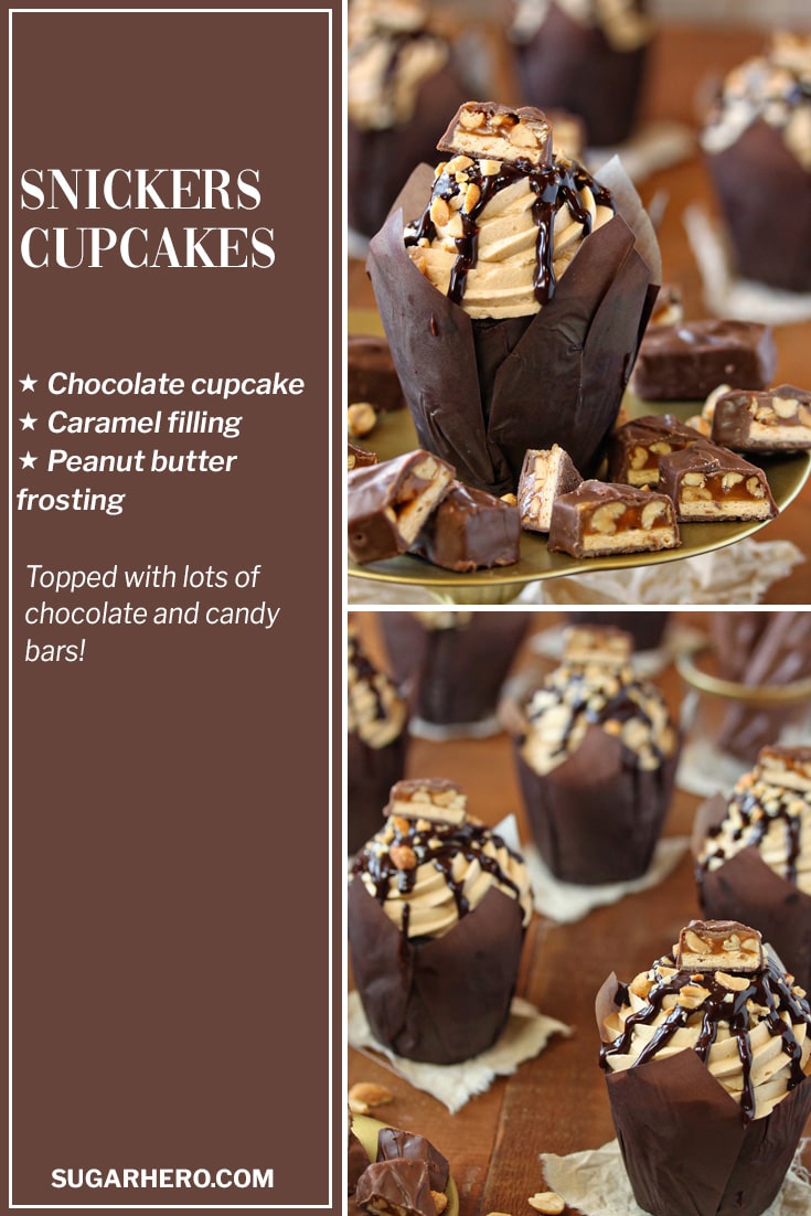 Snickers Cupcakes with Peanut Caramel Filling - SugarHero