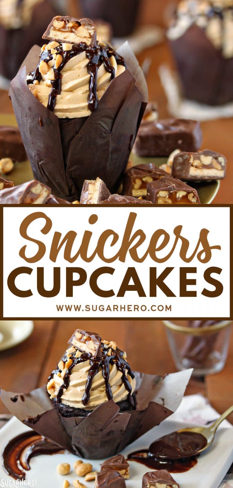 Snickers Cupcakes with Peanut Caramel Filling - SugarHero