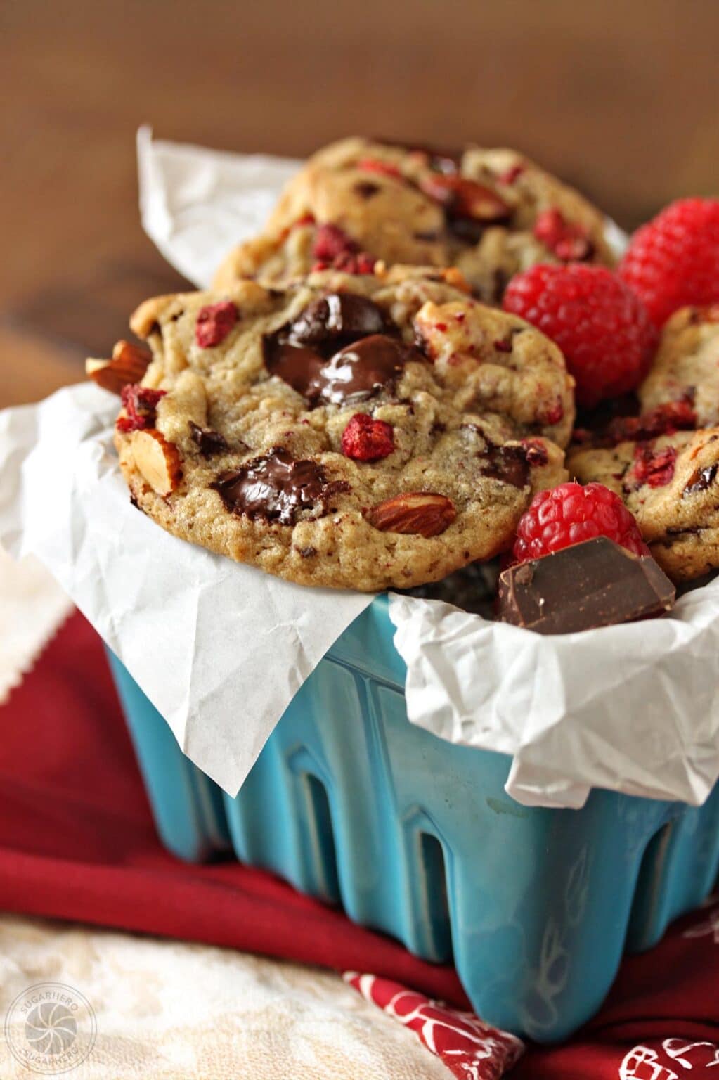 Raspberry Almond Chocolate Chunk Cookies - SugarHero