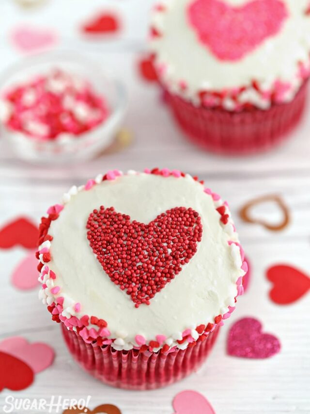 Sprinkle Heart Cupcakes for Valentine's Day - SugarHero